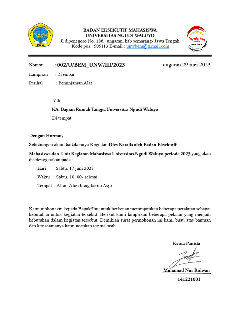 Permohonan Peminjaman Alat Dies Natalis | PDF