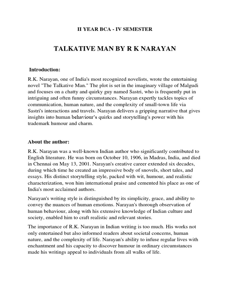 Summary of R.K. Narayan's Talkative Man | PDF | Religion & Spirituality