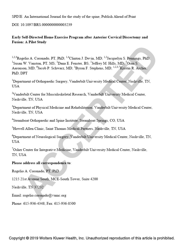 Early Self-Directed Home Exercise Program after Anterior Cervical ...