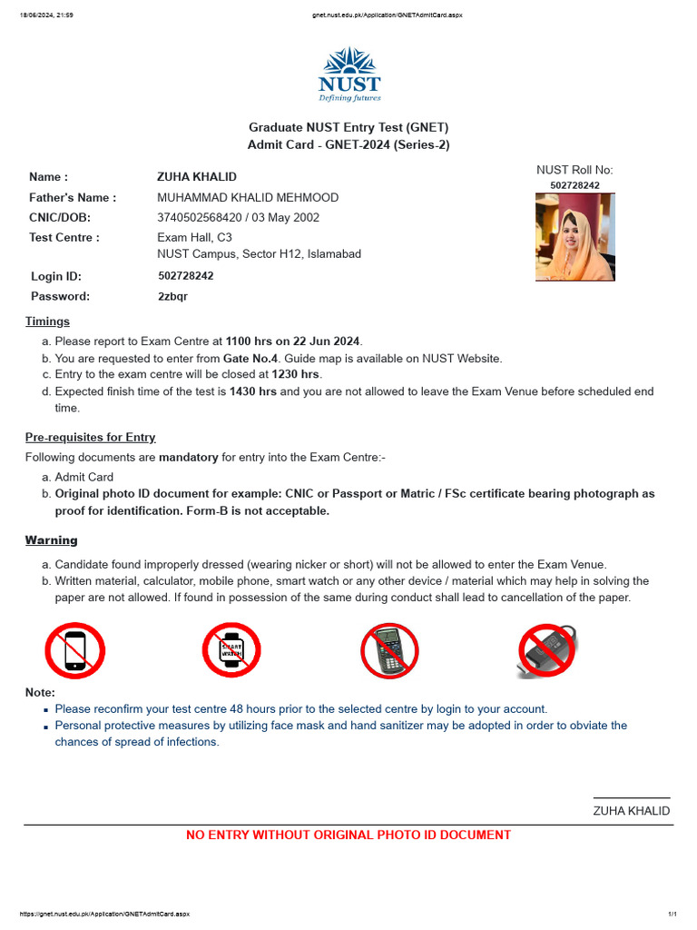 gnet.nust.edu.pk_Application_GNETAdmitCard.aspx | Download Free PDF | Applications Of ...