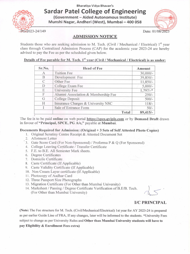 M.tech Admission Notice 2023-24 | PDF