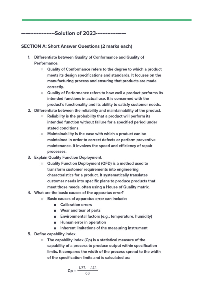 Solution of QM Question Paper 1 & 2 | PDF | Six Sigma | Reliability Engineering