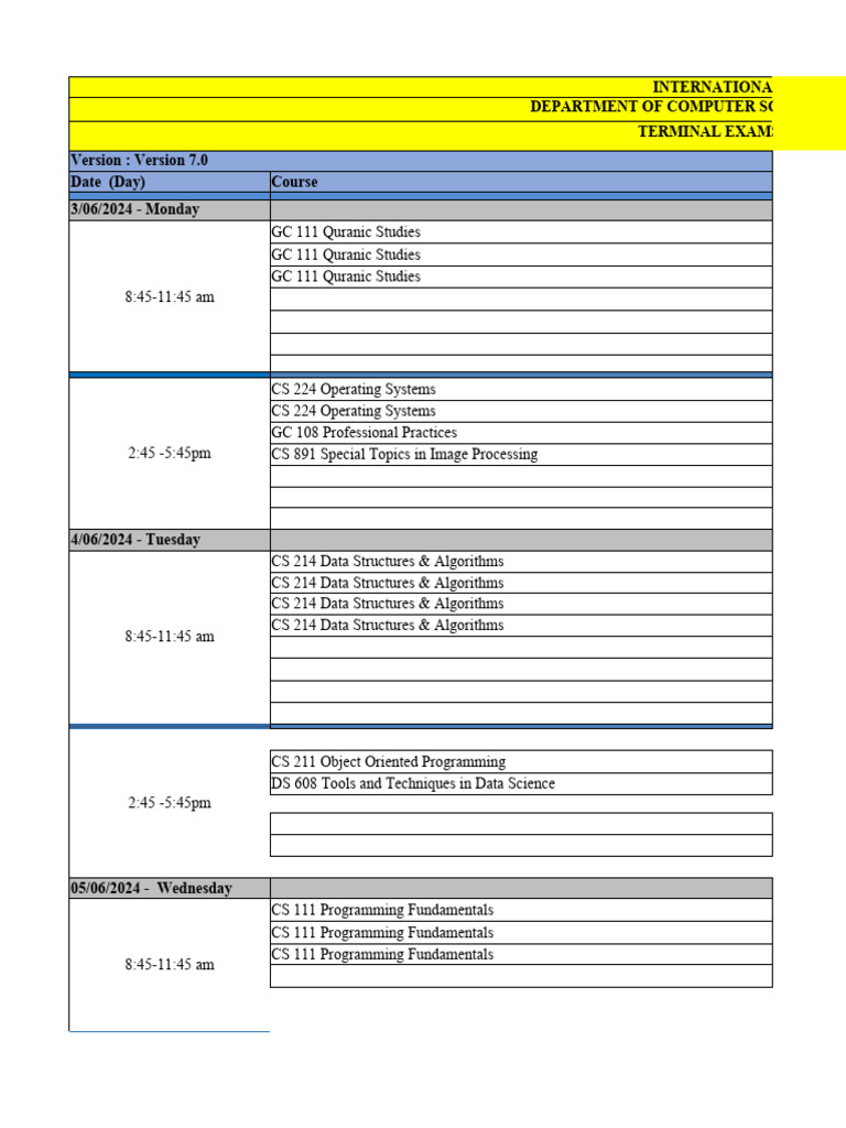 Terminal Exam Date Sheet Spring 24 Version 7.0 | PDF | Databases | Computer Programming