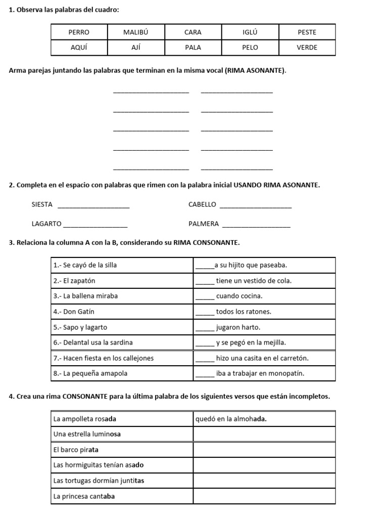 Ejercicios de Rimas Asonantes y Consonantes | PDF | Rima | Voz humana