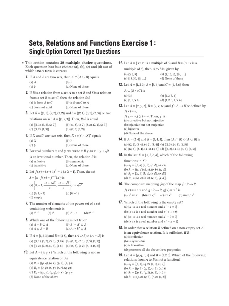 Sets Relations and Functions Exercises | PDF | Function (Mathematics) | Empty Set