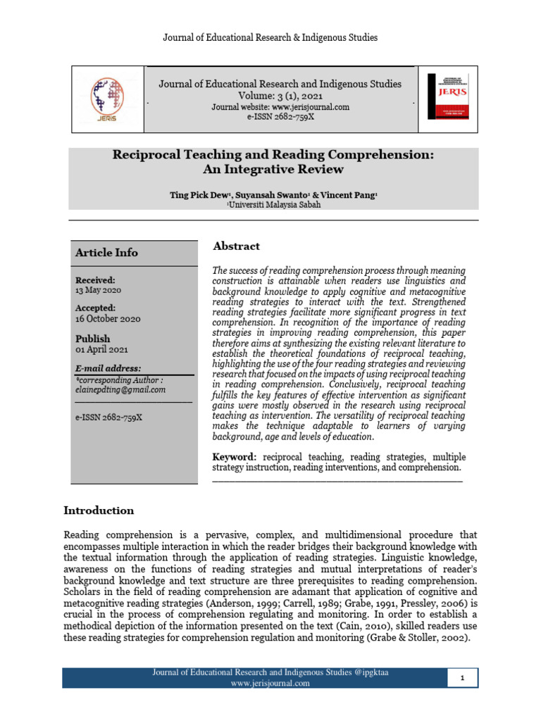 34-) Karşılıklı Öğretme Stratejisi Yoluyla Okumayı Öğretme | PDF | Reading Comprehension ...