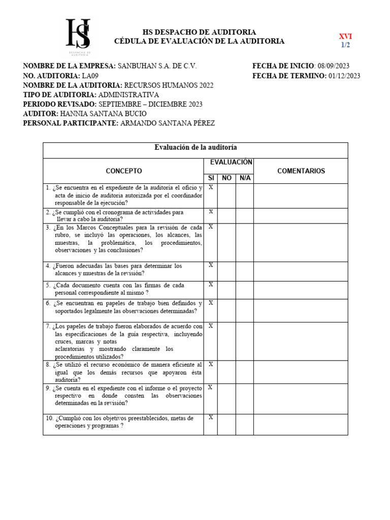Xvi Cedula de Evaluación de La Auditoria | PDF | Auditoría | Gestión de recursos humanos