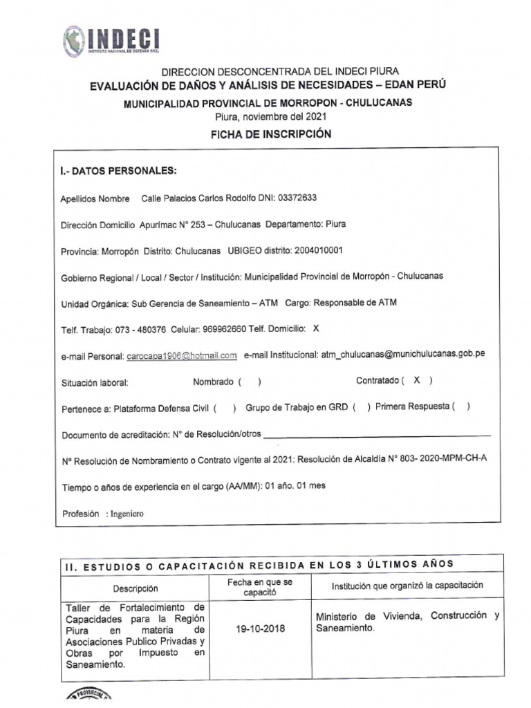 Ficha de Inscripcion Indeci | PDF