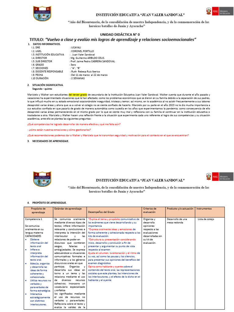 UNIDAD DIDÁCTICA N°0- 2024 3ero | Descargar gratis PDF | Evaluación | Aprendizaje