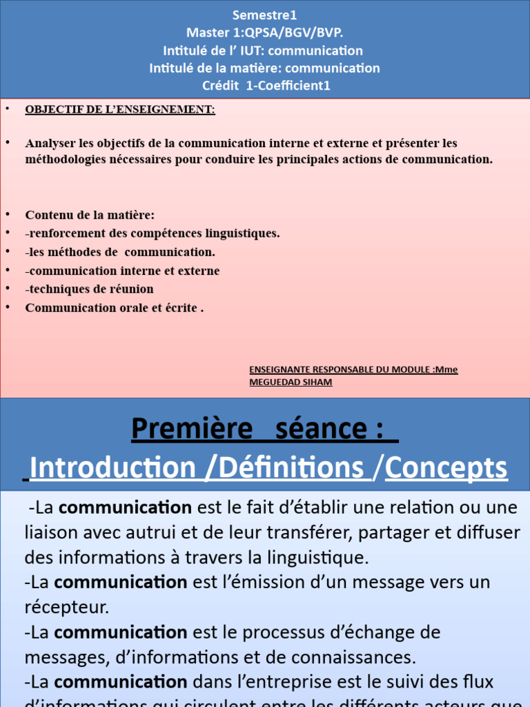 Objectif de L'Enseignement:: Enseignante Responsable Du Module:Mme Meguedad Siham | PDF | la ...