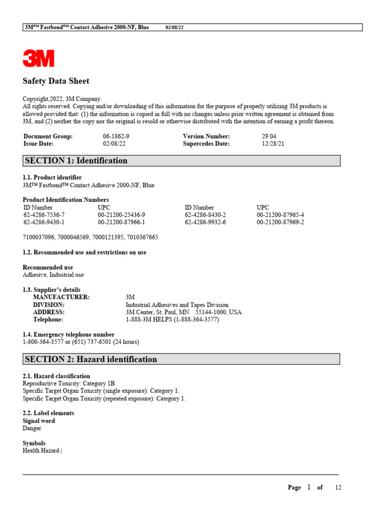 3M 2000NF SDS | PDF | Hazardous Waste | Waste