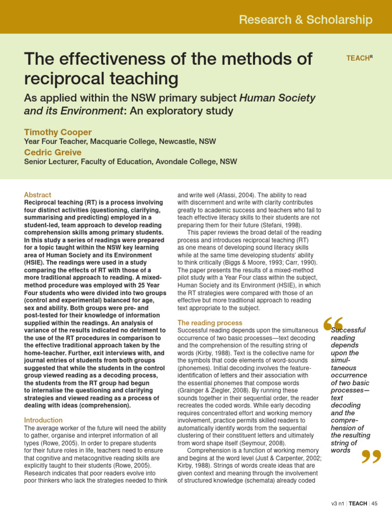 Reciprocal Teaching in NSW Primary Education | PDF | Reading Comprehension | Metacognition