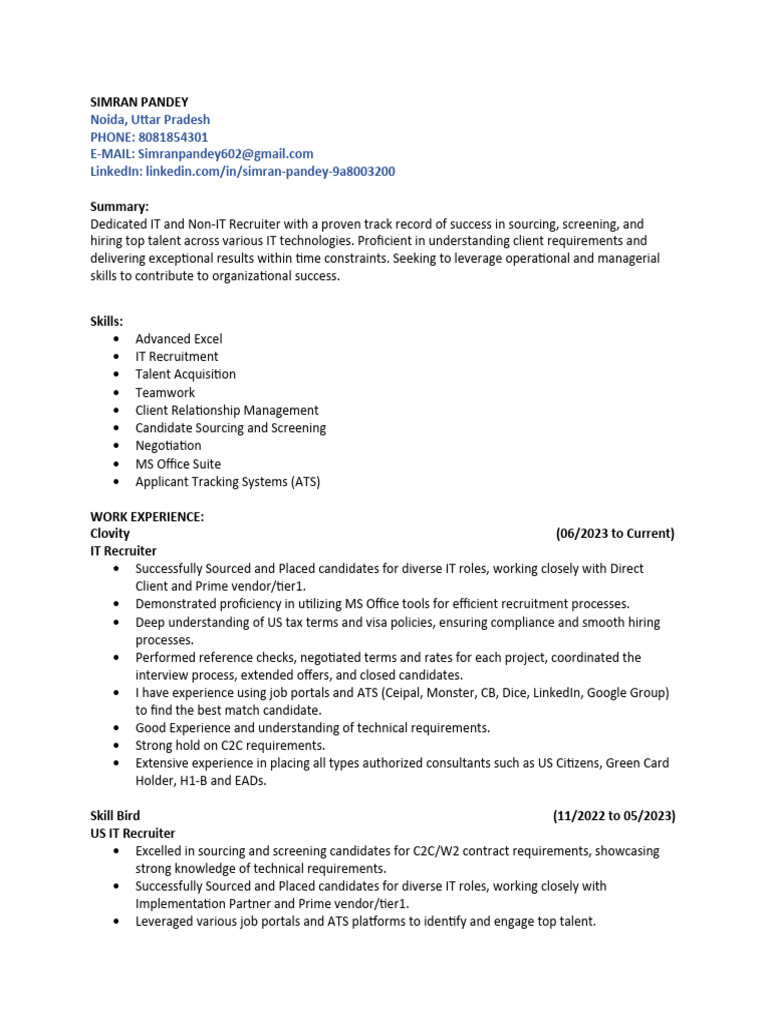 SimranPandey Updatedresume | PDF | Recruitment | Linked In