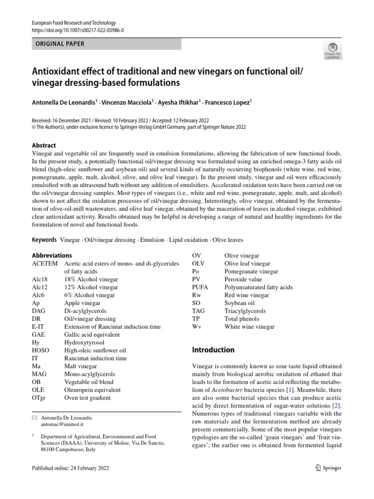 Antioxidant Effect of Traditional Vinegar 2022 European Food Research ...