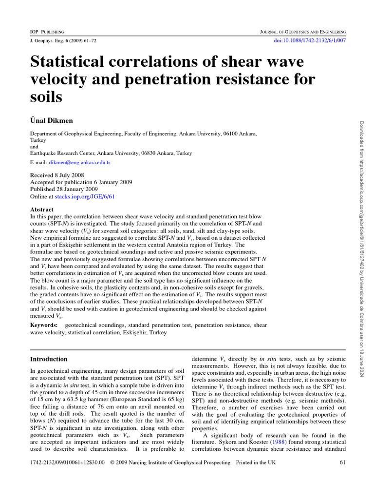 Statistical Correlations of Shear Wave Velocity and Penetration Resistance For Soils | PDF