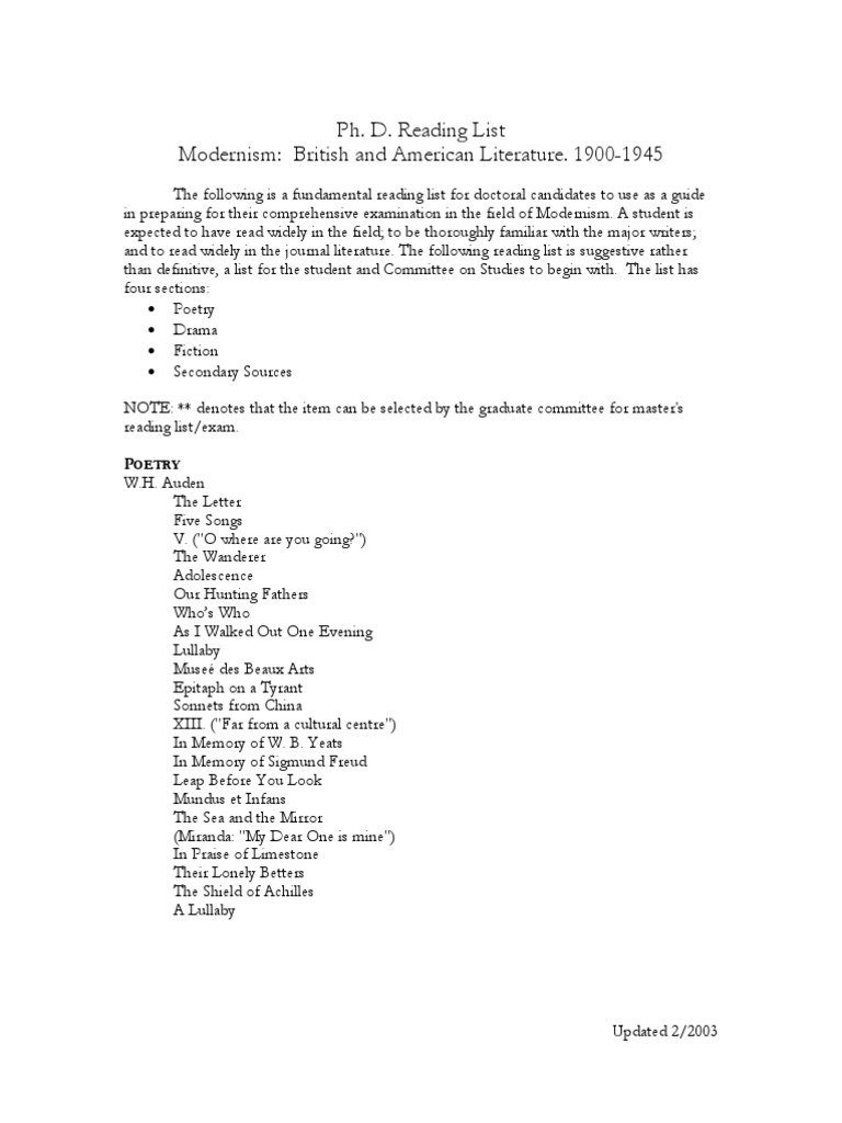 Ph. D. Reading List Modernism: British and American Literature. 1900 ...