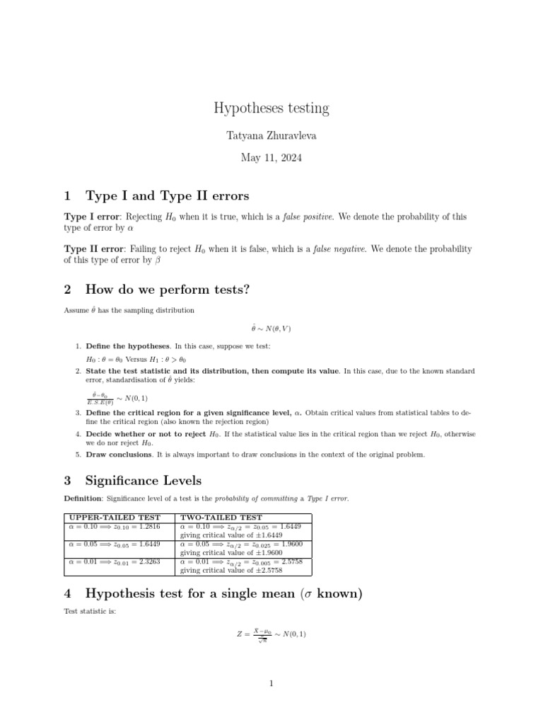 Hypotheses Testing Hand-Outs EN | PDF | Type I And Type Ii Errors ...