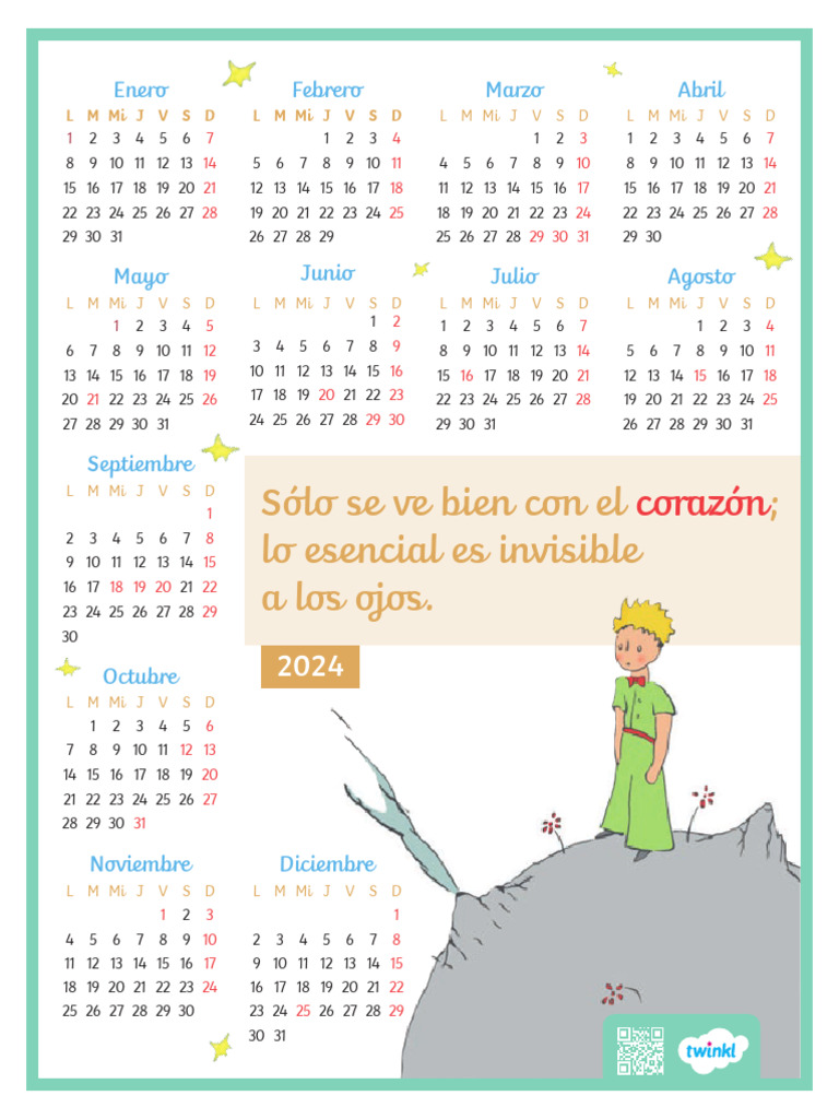 Calendario 2024 Version El Principito Incluye Feriados de Chile | PDF