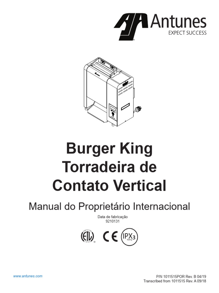 Burger King Vertical Contact Toaster BKT 2V Owners Manual Português | PDF | Temperatura ...