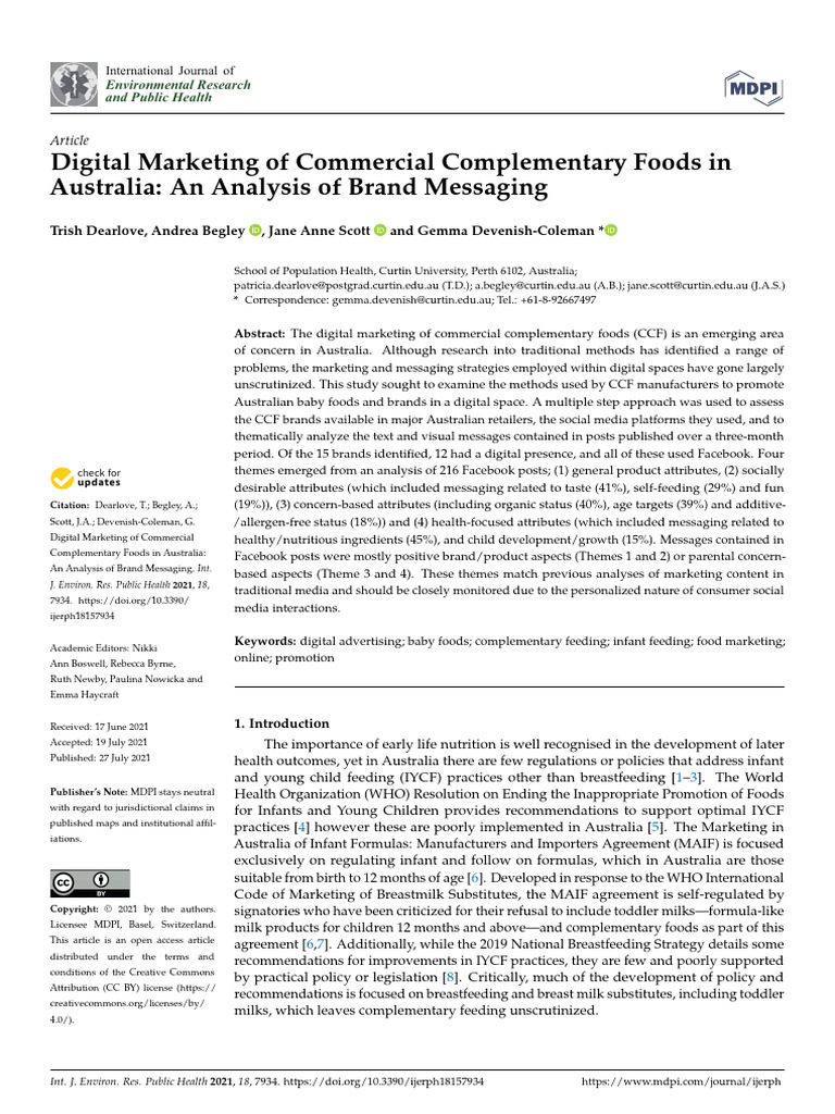 Digital Marketing of Commercial Complementary Foods in Australia: An Analysis of Brand Messaging ...