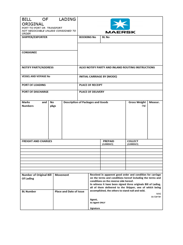 Modelo de Conocimiento de Embarque Bill of Lading | PDF