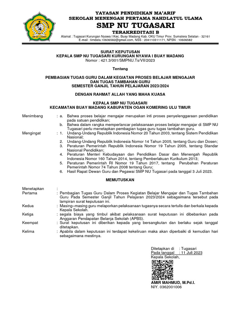 SK Pembagian Tugas Guru Dan Tugas Tambahan Semester Ganjil Tahun 2023-2024 | PDF