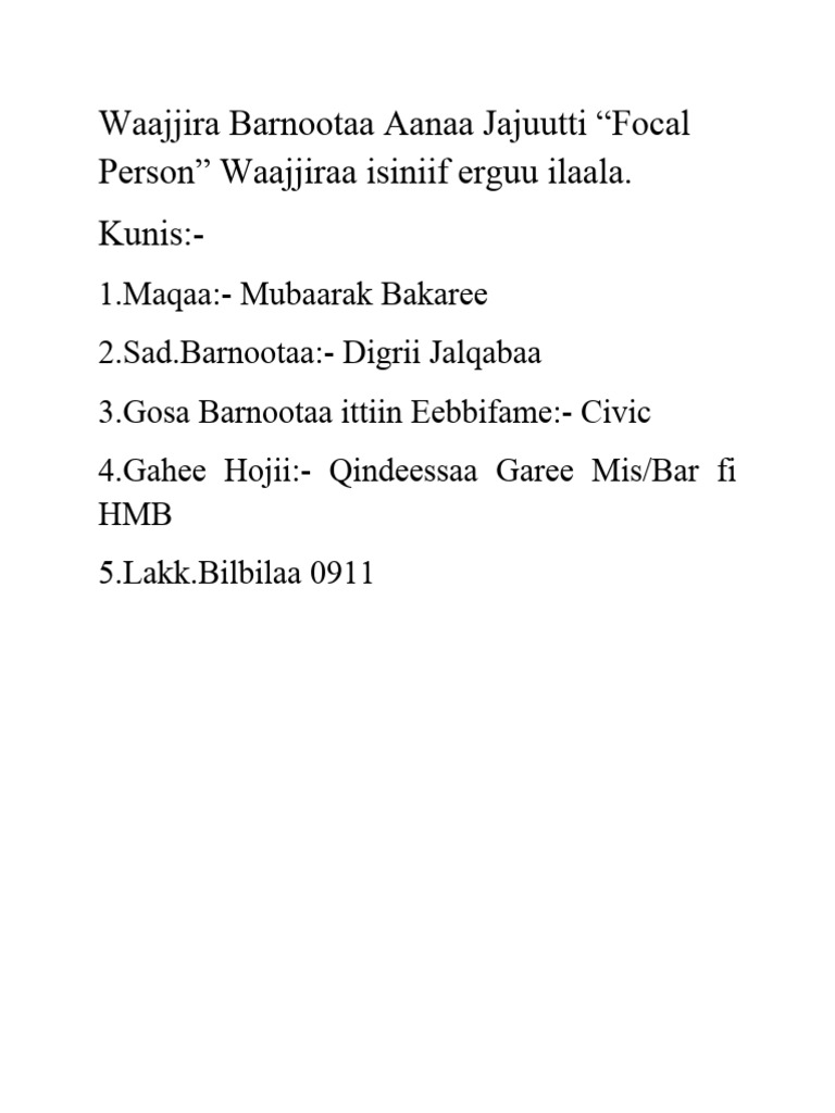 Focal Person Aanaa Jajuu | PDF