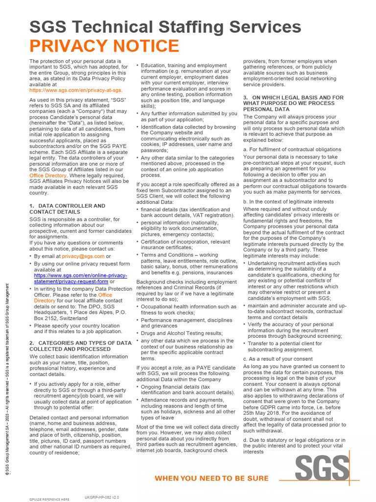 SGS Privacy Notice for Candidates | PDF | Privacy | Identity Document