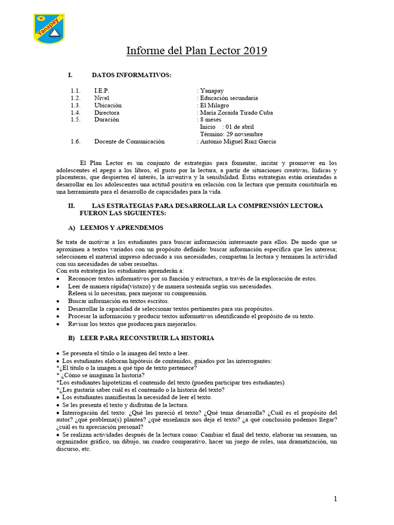 INFORME-PLAN LECTOR-yanapay1 | Descargar gratis PDF | Comprensión lectora | Aprendizaje
