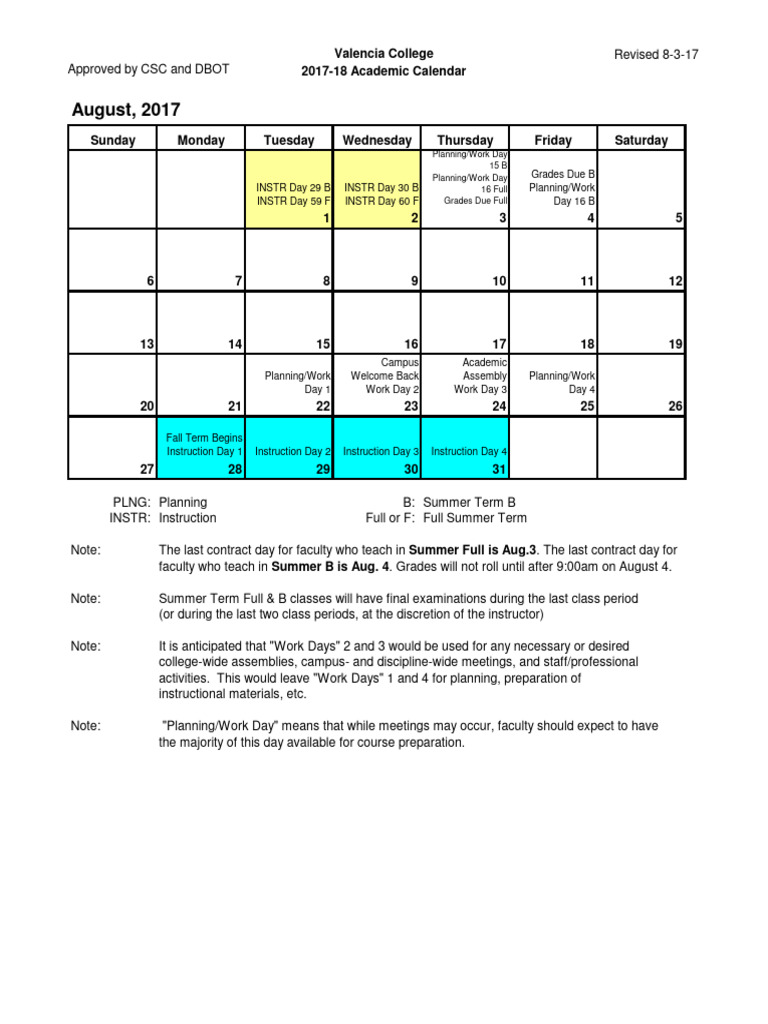Valencia College 2017-18 Calendar | PDF | Academic Term | Observances