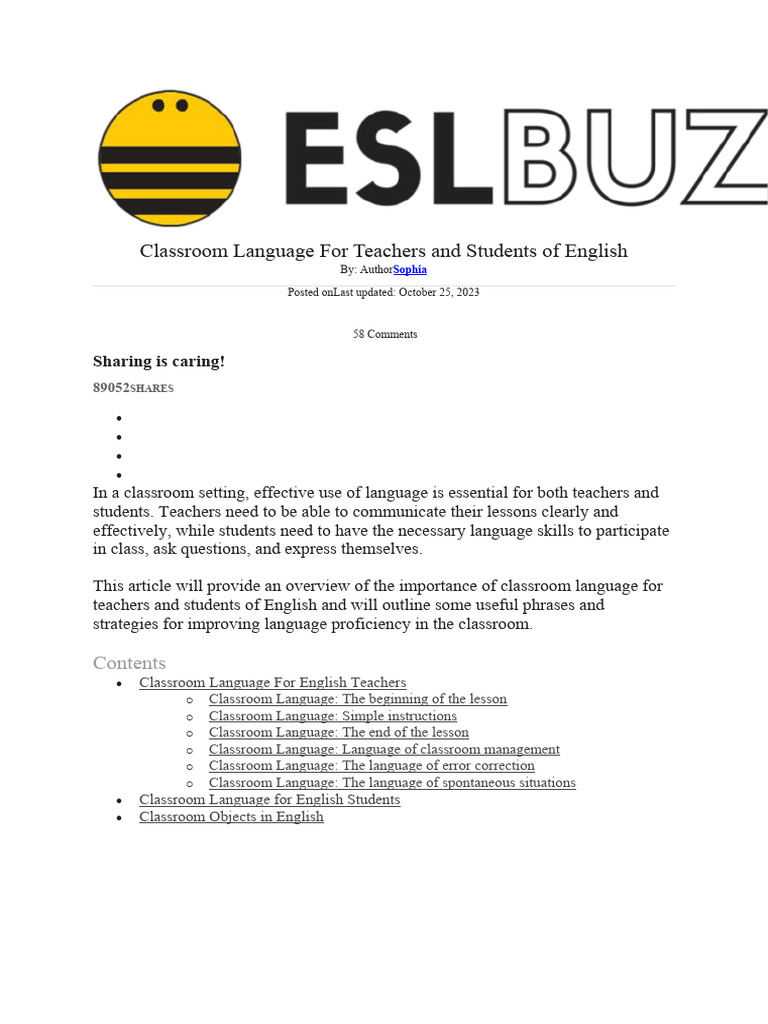Classroom Language For Teachers and Students of English: Sharing Is ...