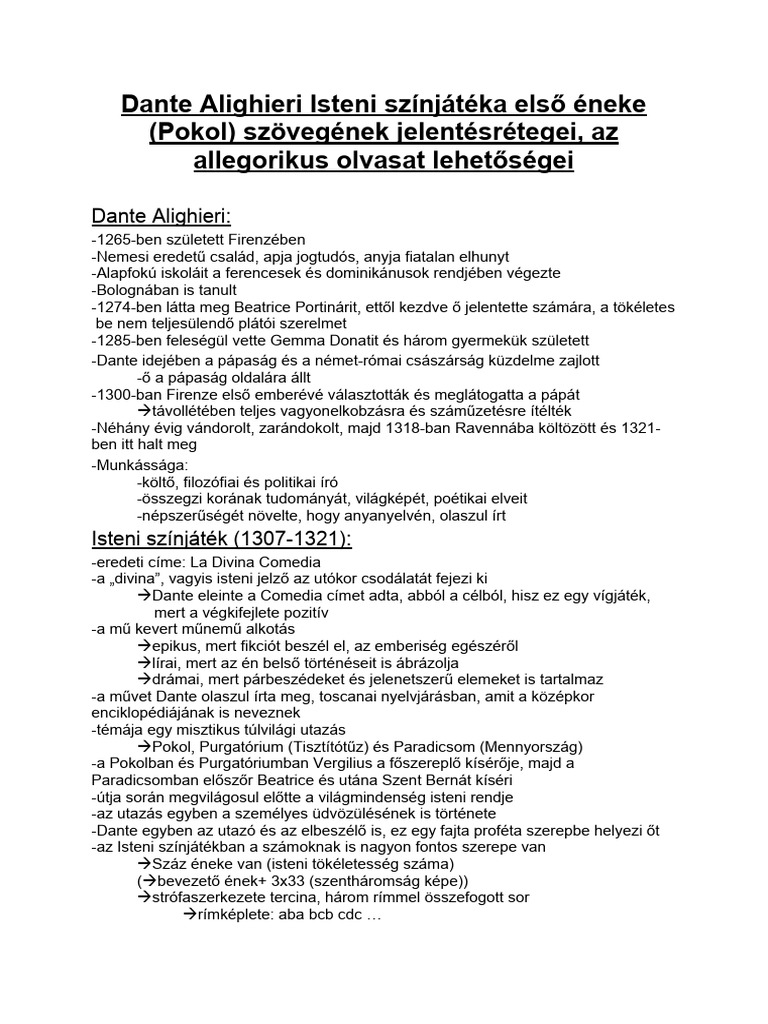 Dante Alighieri Isteni Színjátéka Első Éneke (Pokol) Szövegének ...