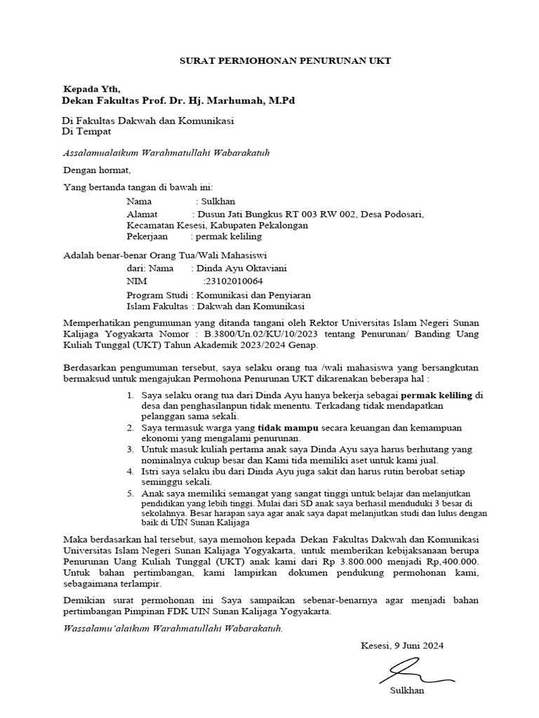 SURAT - PERMOHONAN - PENURUNAN - UKT Dinda | PDF