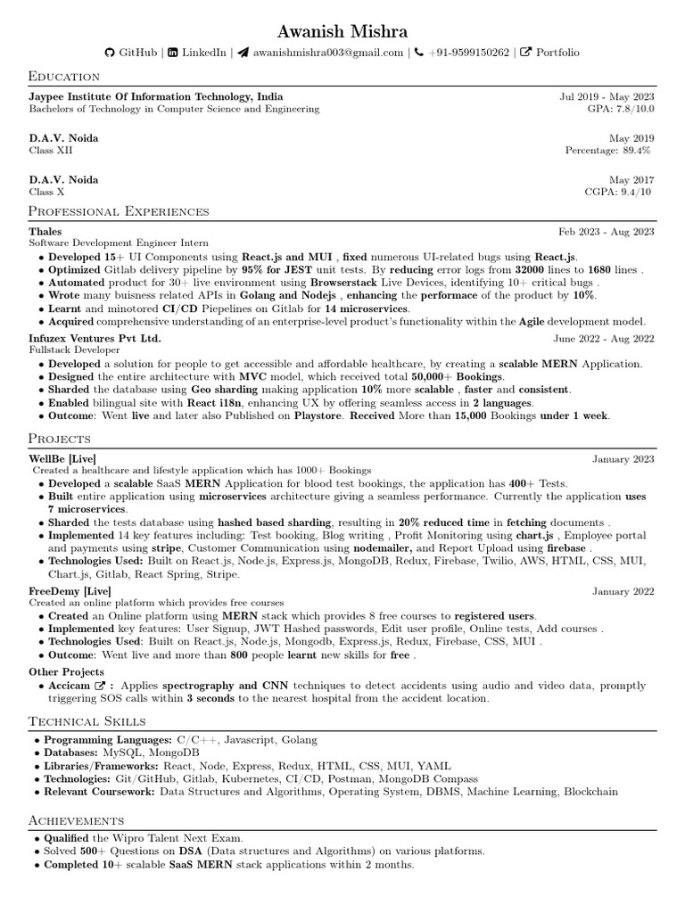 Awanish Mishra Resume SDE | PDF | Databases | Mongo Db