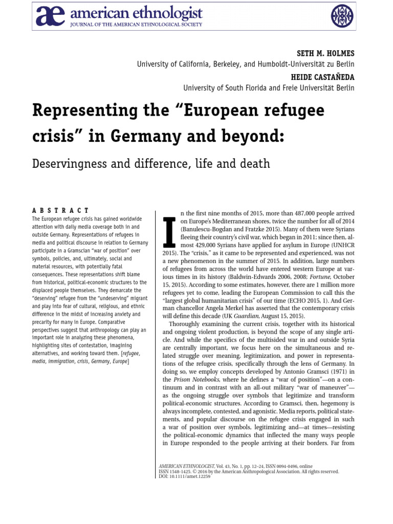 American Ethnologist - 2016 - HOLMES - Representing The European Refugee Crisis in Germany and ...