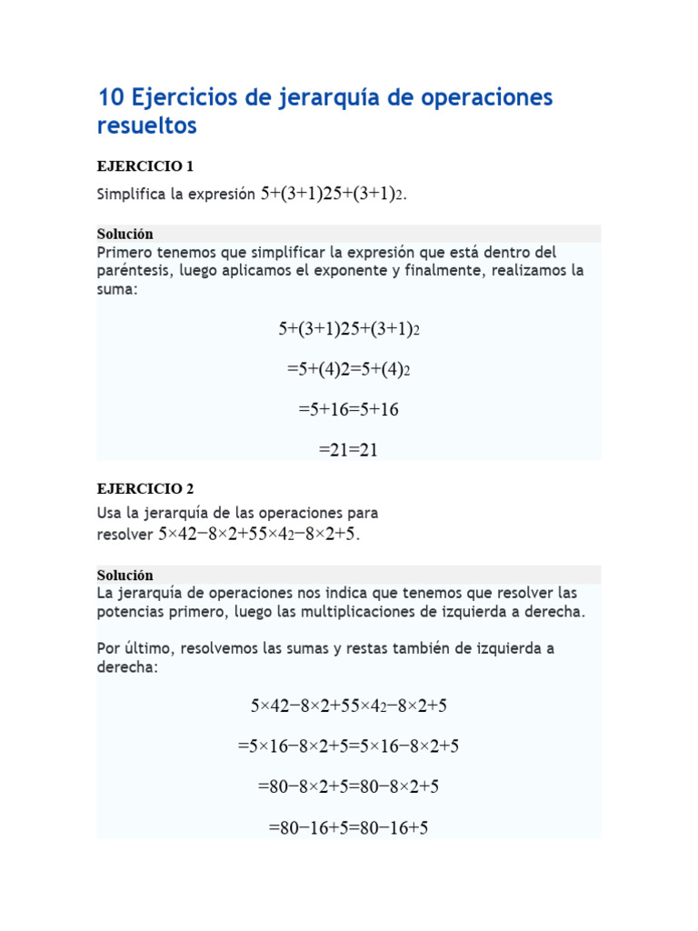 10 Ejercicios de Jerarquía de Operaciones Resueltos | PDF | Multiplicación | Soporte