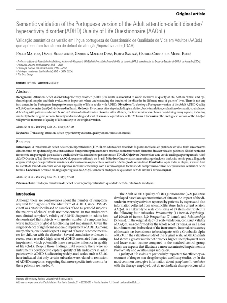 Portuguese AAQoL Semantic Validation | PDF | Attention Deficit ...