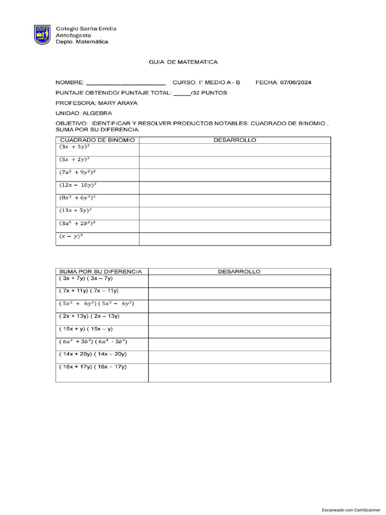 Guia Cuadrado de Binomio y Suma X Su Diferencia | PDF