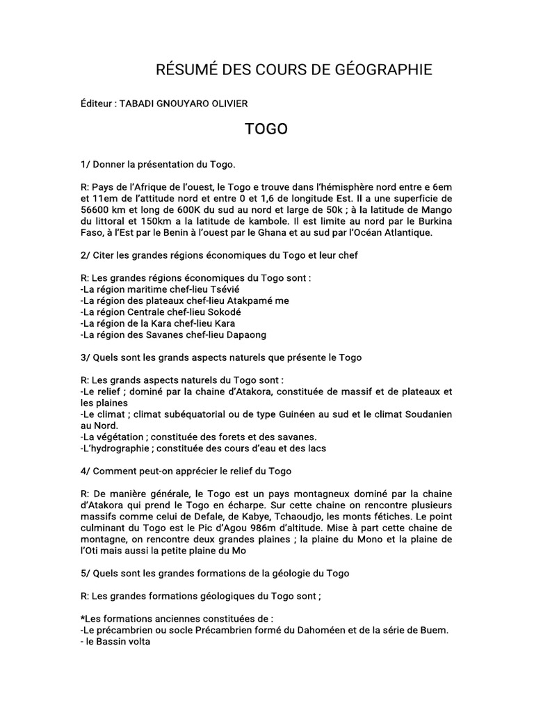 Résumé des Cours de Géographie au Togo | PDF | Études des langues ...