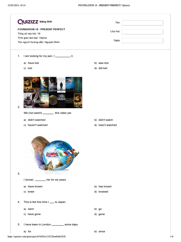 Present Perfect Tense Quiz | PDF