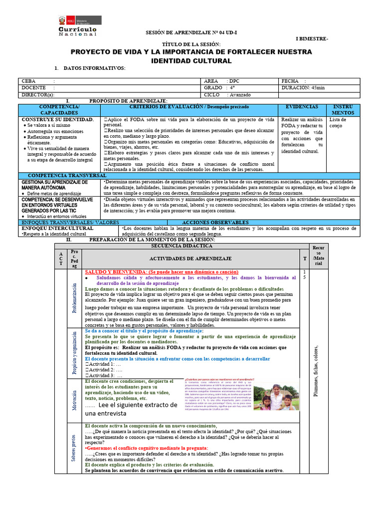 UD-I S4 DPC 4°avanzado Proyecto de Vida | PDF | Análisis FODA | Aprendizaje