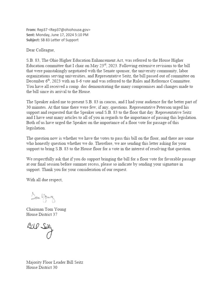 Ohio SB 83 Support Request Letter | PDF