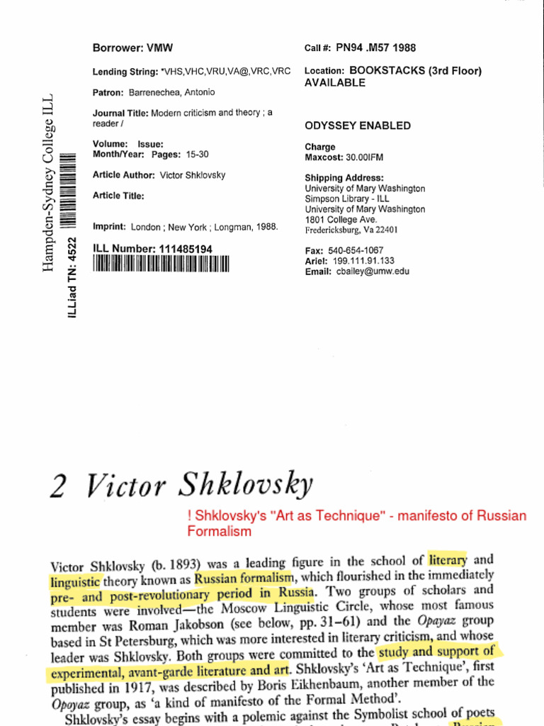 Art-As-Technique Viktor Shklovsky, Russian Formalism | PDF