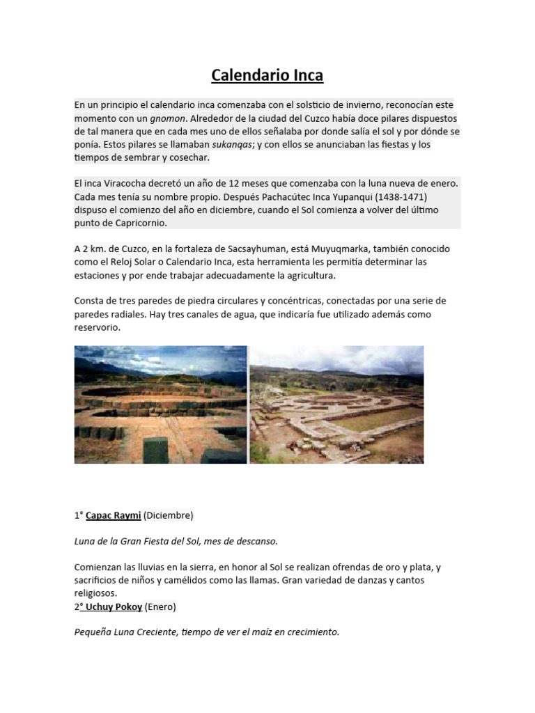 Calendario Inca | Descargar gratis PDF | Imperio Inca