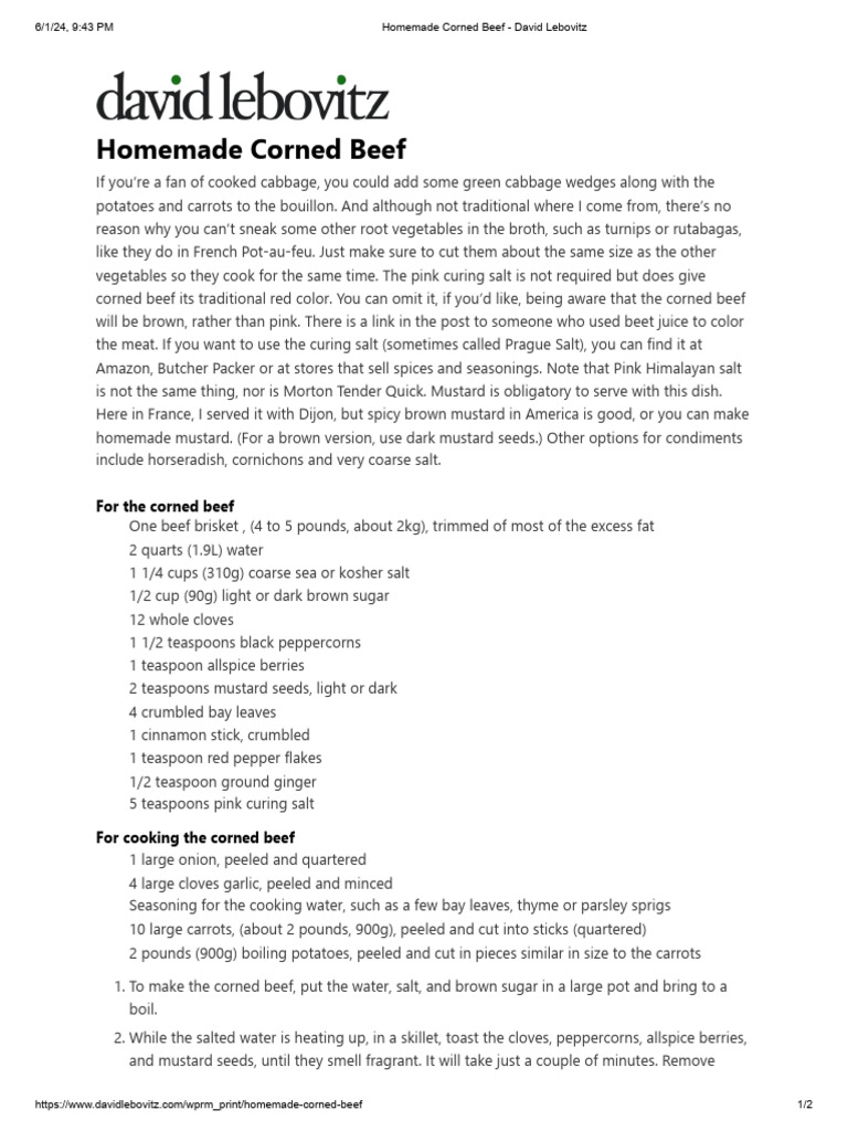 Homemade Corned Beef - David Lebovitz | PDF | Mustard (Condiment) | Beef
