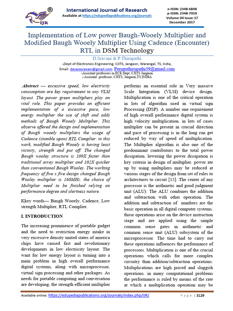Implementation of Low Power Baugh-Wooely Multiplier and Modified Baugh Wooely Multiplier Using ...