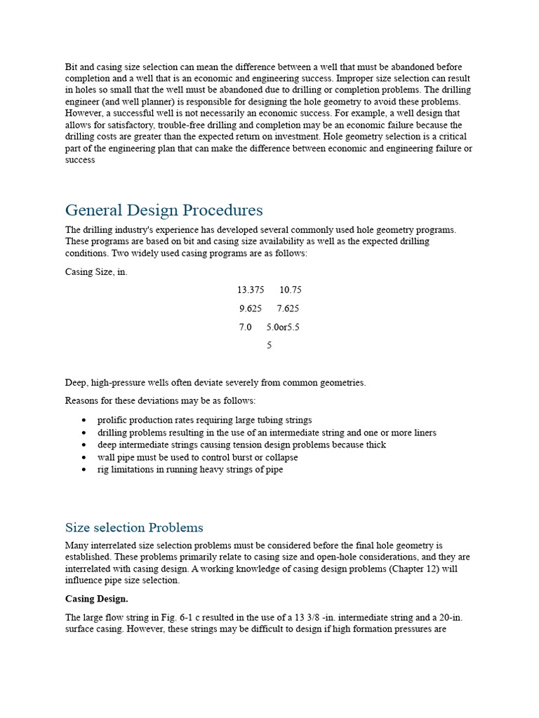 General Design Procedures: Size Selection Problems | PDF | Casing ...