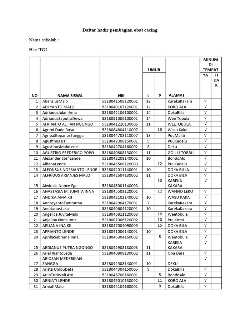 Daftar Hadir Pembagian Obat Cacing | PDF