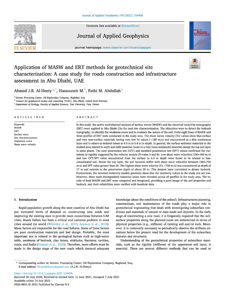 Al-Heety Et Al., (2021). Application of MASW and ERT Methods for Geotechnical Site ...