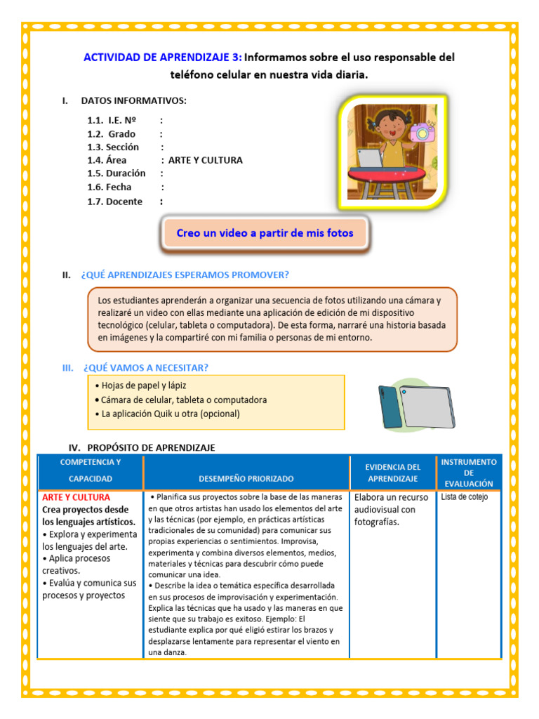 DIA 4 SESION DE APRENDIZAJE AyC Creo Un Video A Partir de Mis Fotos | PDF | Animación | Aprendizaje